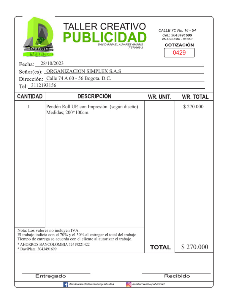 Cotización - Taller Creativo Valledupar | PDF