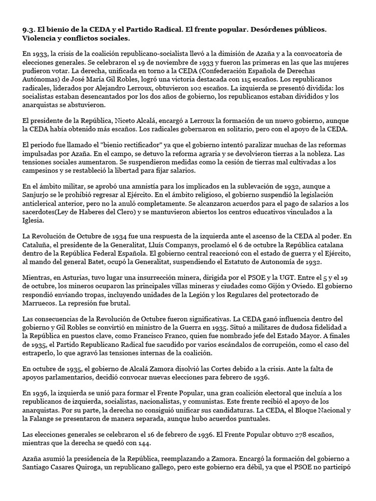 9.3.el Bienio de La CEDA y El Partido Radical. El Frente Popular ...