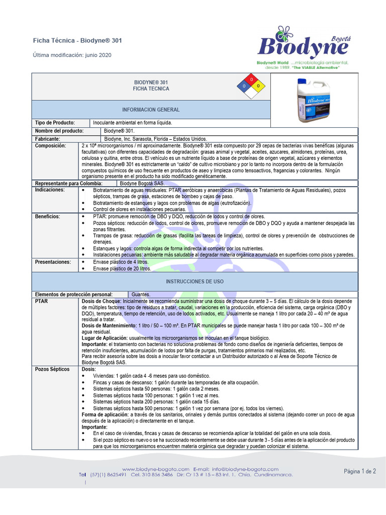 Ficha Tecnica Biodyne 301 | PDF | Agua | Aguas residuales