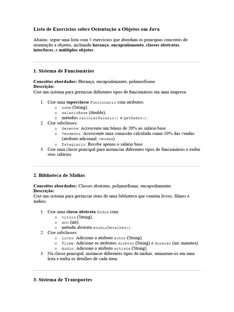 Lista de ExercíCios Sobre OrientaçÃo a Objetos Em Java | PDF ...