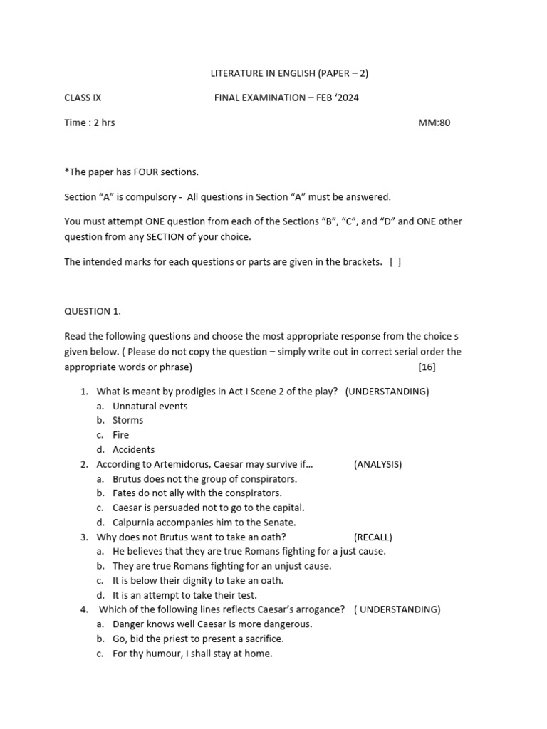 Class IX English Literature Exam Paper | PDF