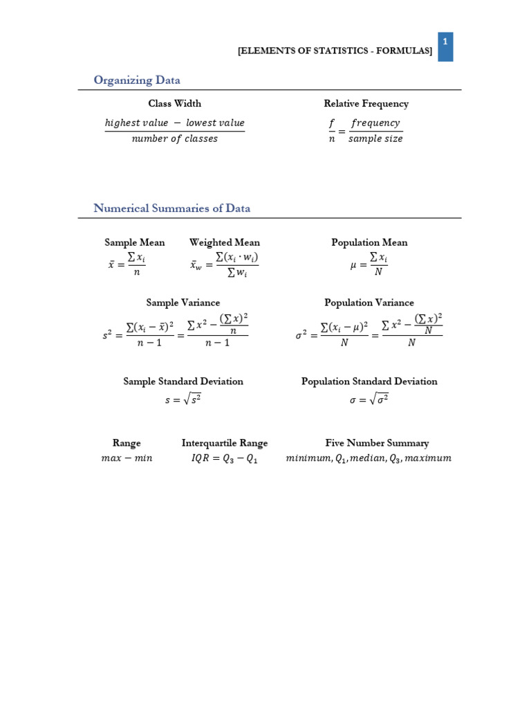 Sta2023 Formula Sheet 1 | PDF | Estimator | Variance
