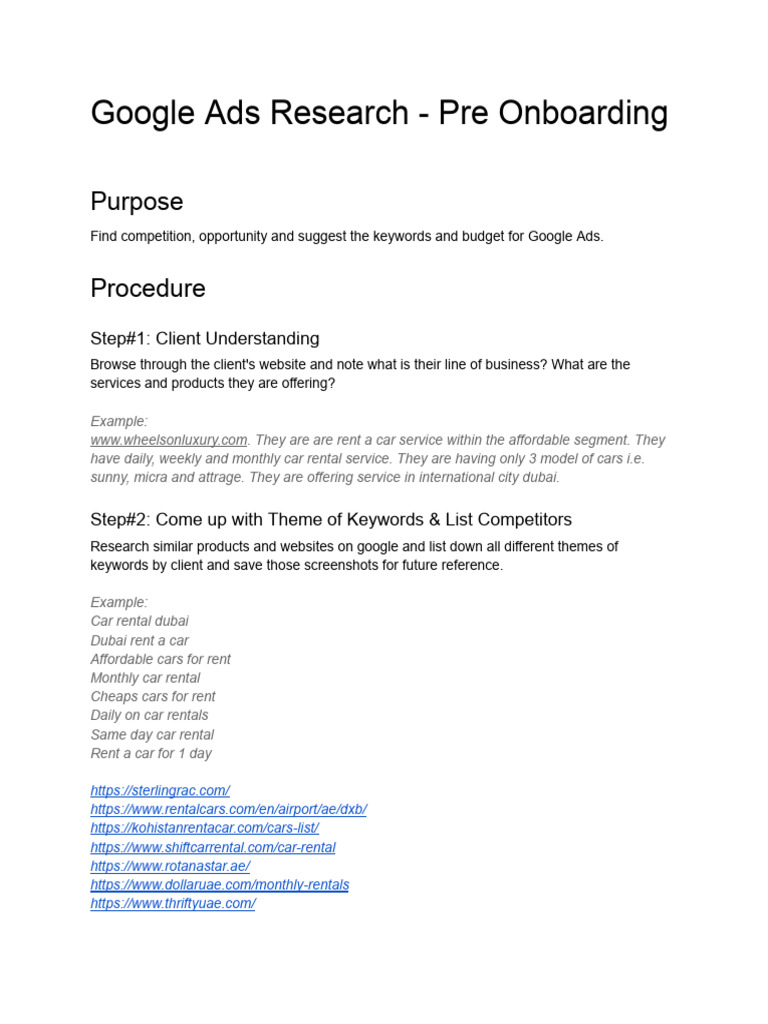 Google Ads Pre-Onboarding Keyword Research | PDF