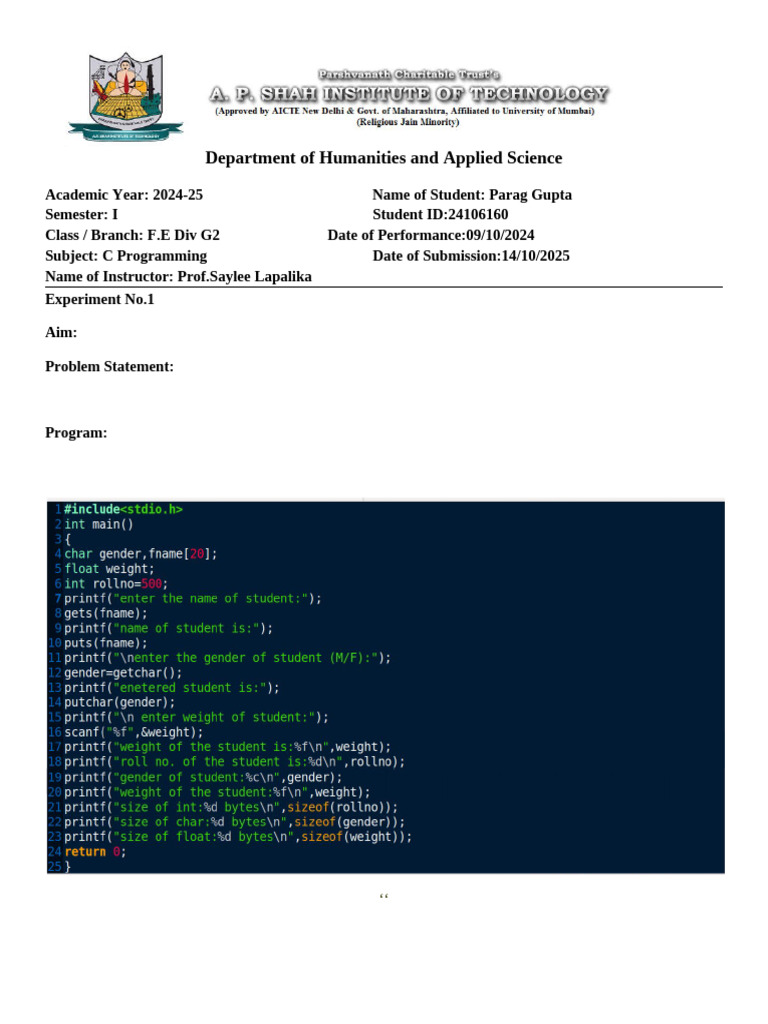 C Programming Experiment Guide | PDF