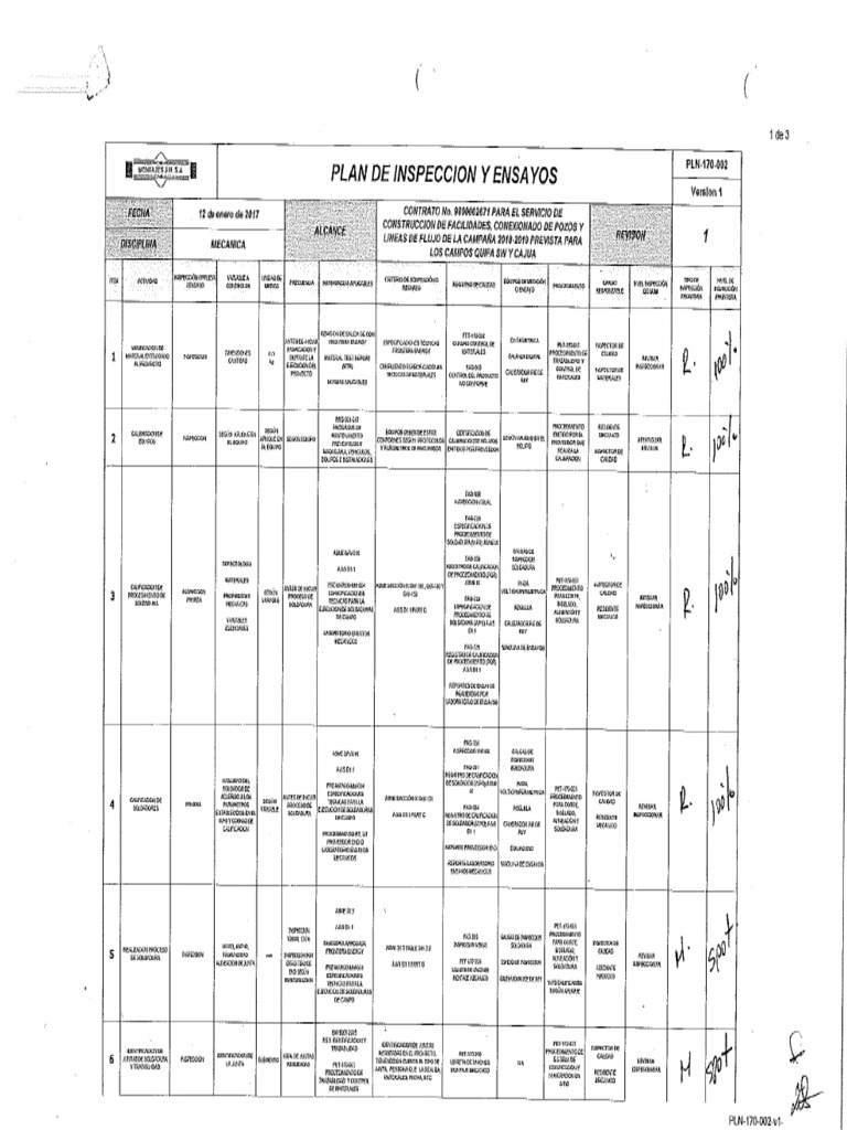 Pln-170-002 Plan de Inspeccion y Ensayos v1 | PDF
