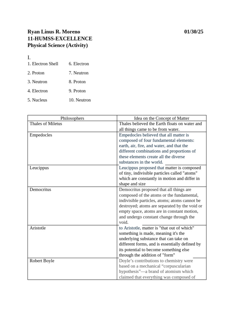 Physical Science Activity | PDF | Atoms | Matter