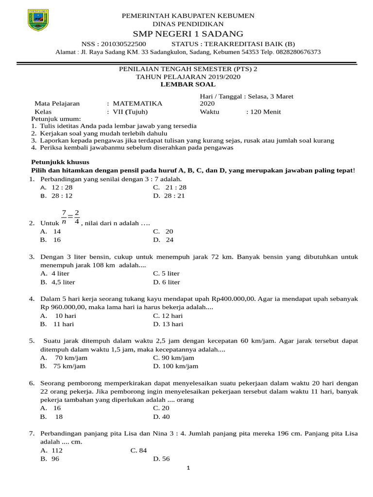 PTS Matematika Kelas Vii Semester Ii | PDF