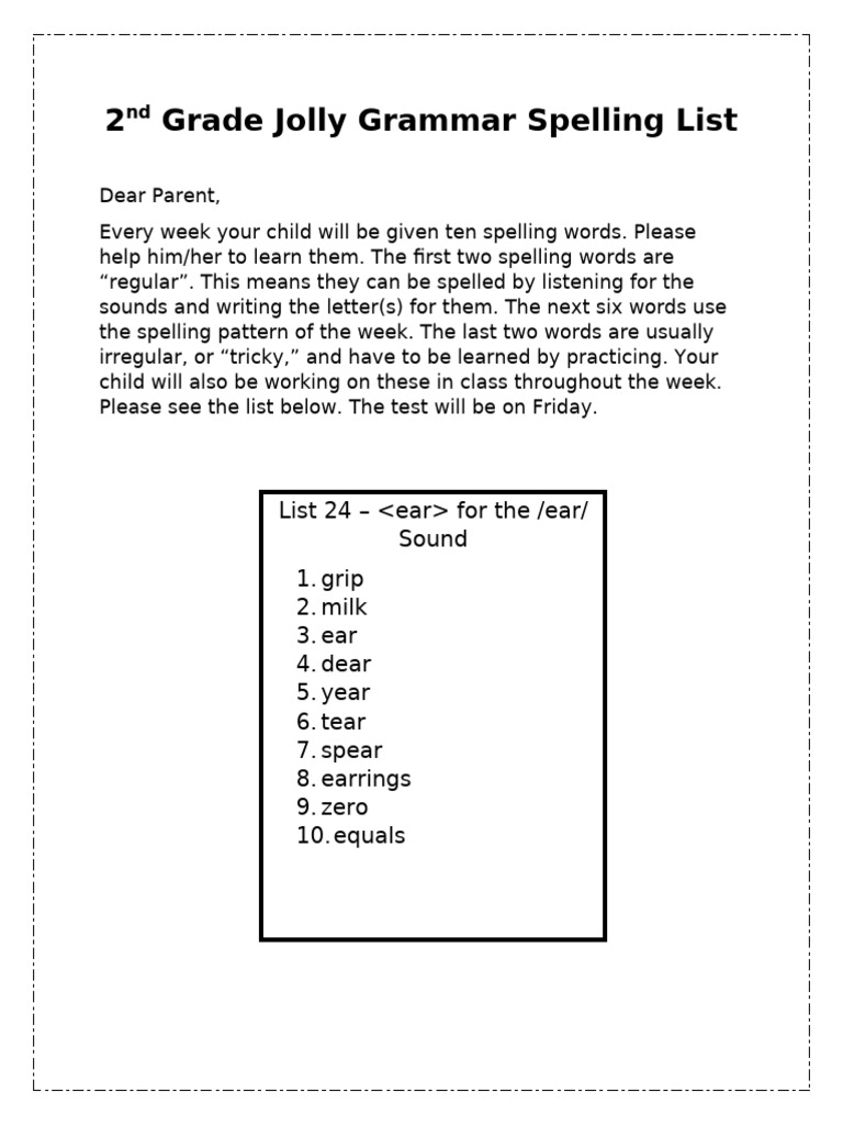 2nd Grade Jolly Grammar Spelling List - List 24 Ear Sound | PDF