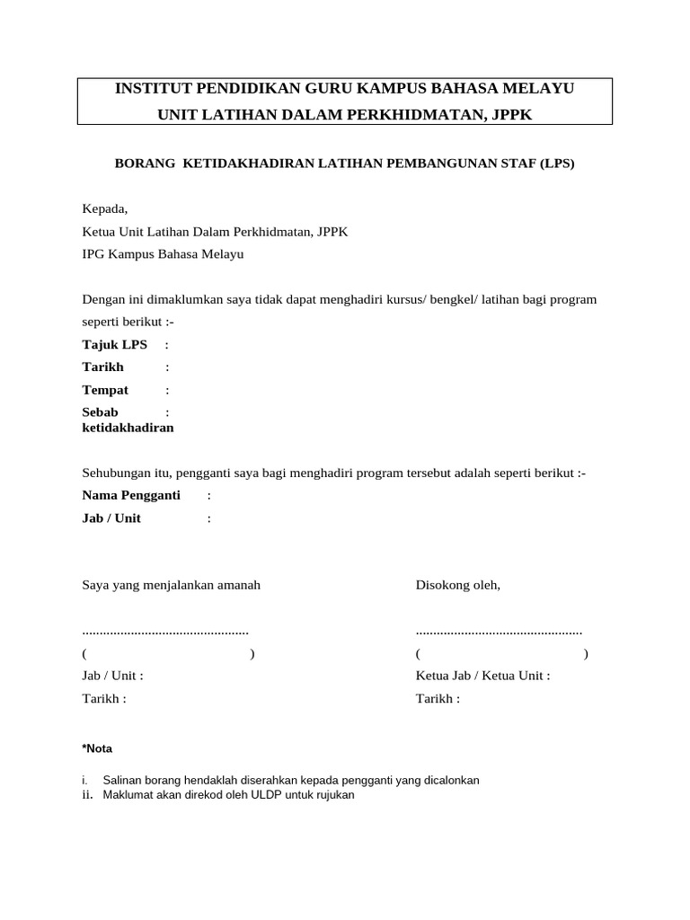 Borang Ketidakhadiran LPS | PDF