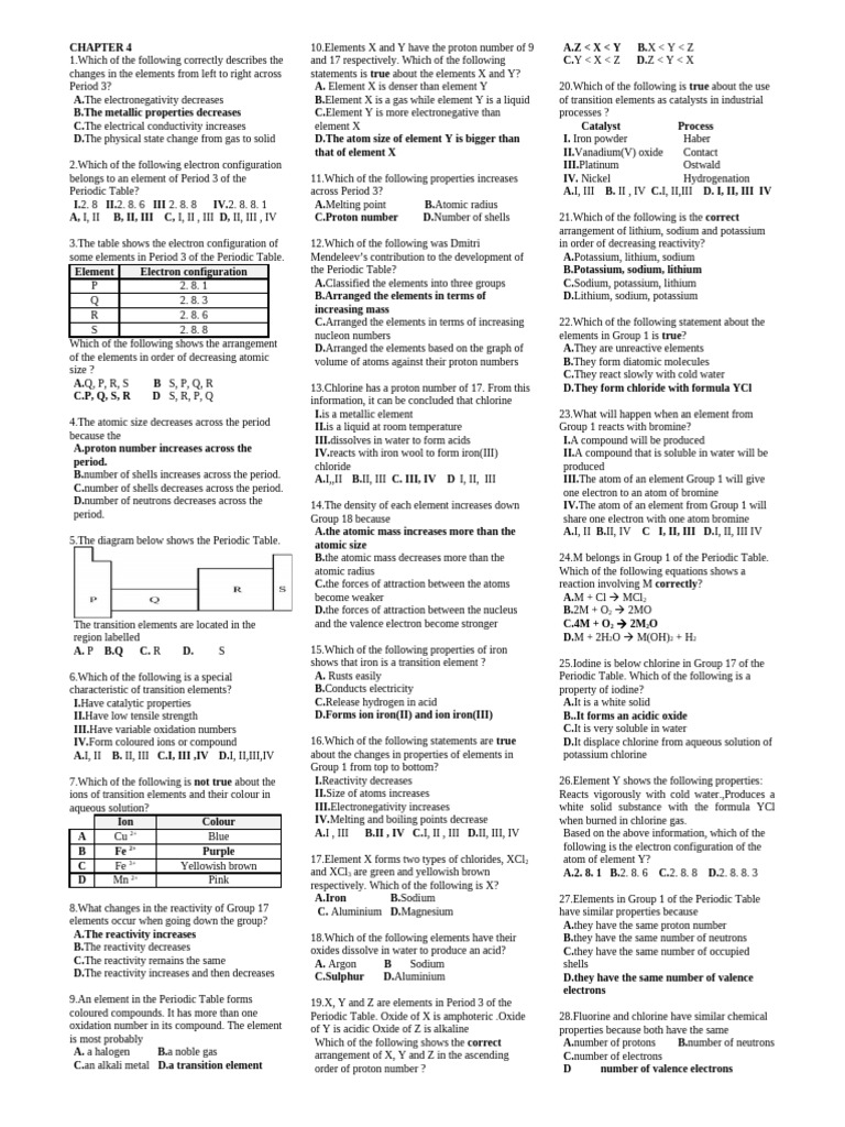 CHAPTER4 PERIODIC TABLE exercise | PDF
