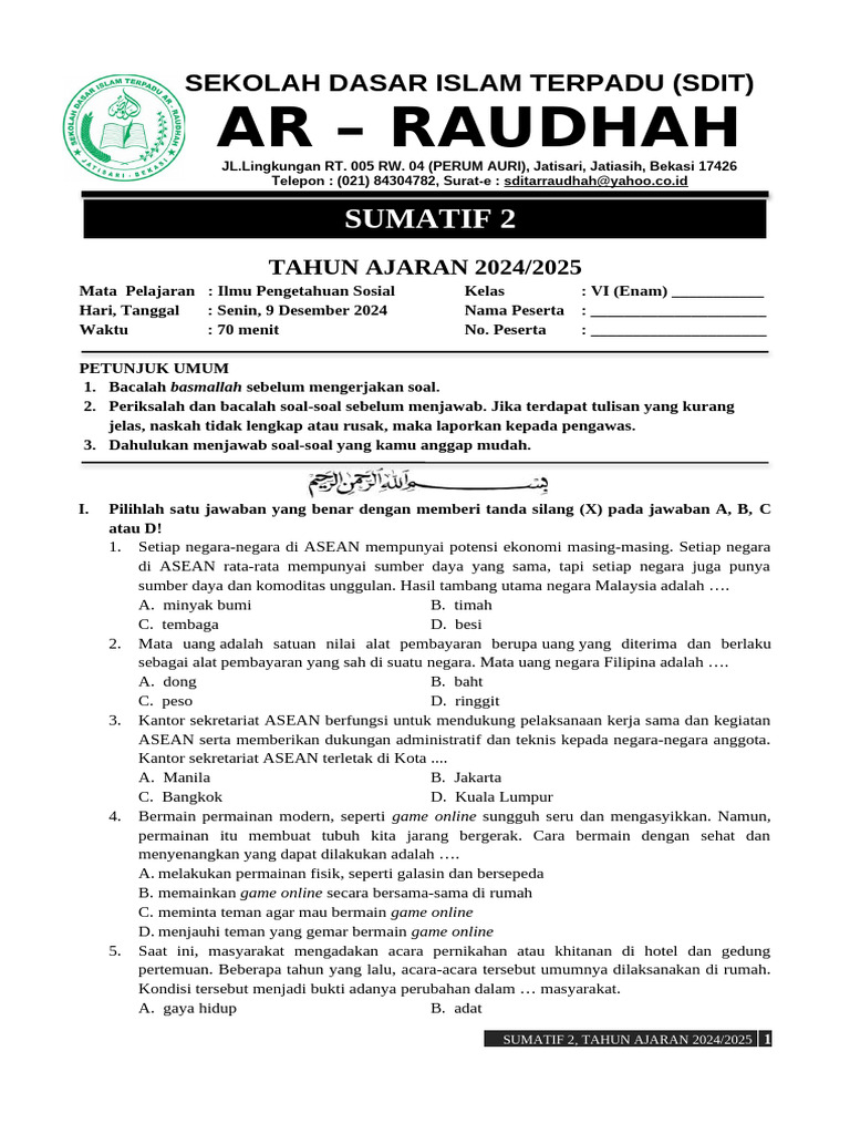 Soal IPS Kelas VI SDIT Ar-Raudhah | PDF