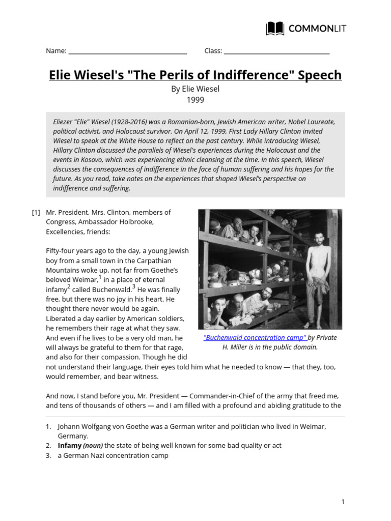 Elie Wiesel's Quot The Perils of Indifference Quot Speech-Student | PDF ...