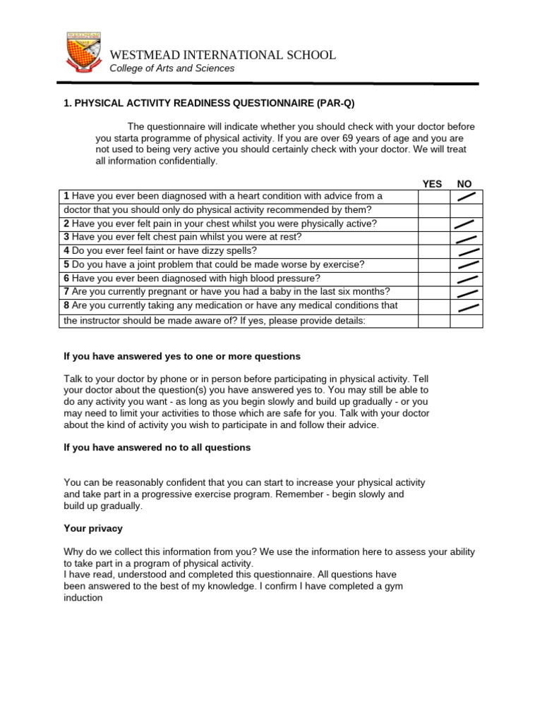 Physical Activity Readiness Questionnaire (Par-q) | PDF