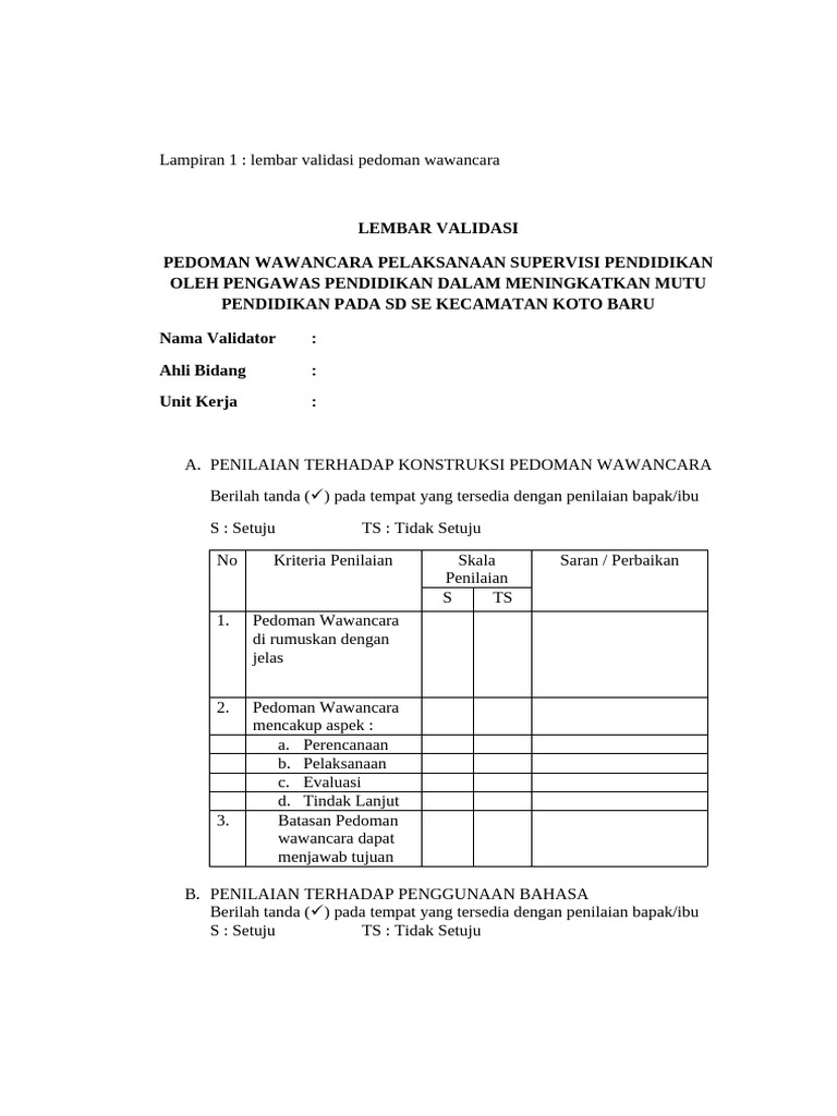 Lampiran 1 (Lembar Validasi Pedoman Wawancara Proposal) | PDF