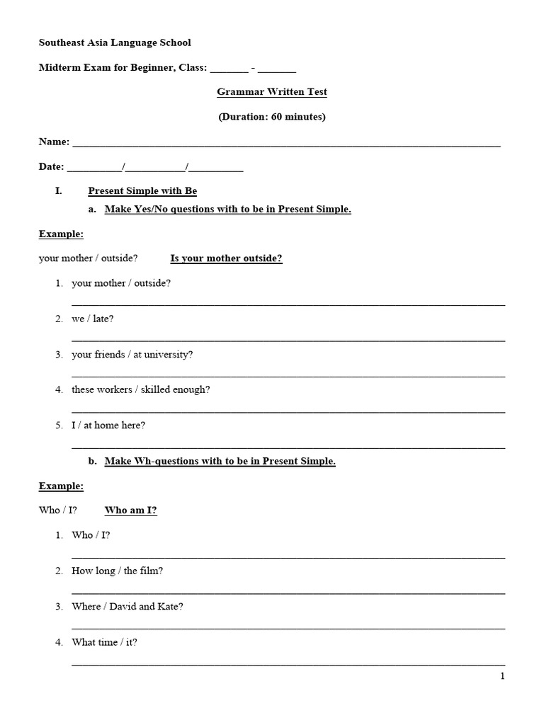 Beginner Grammar Midterm Exam Guide | PDF | Question | Linguistics