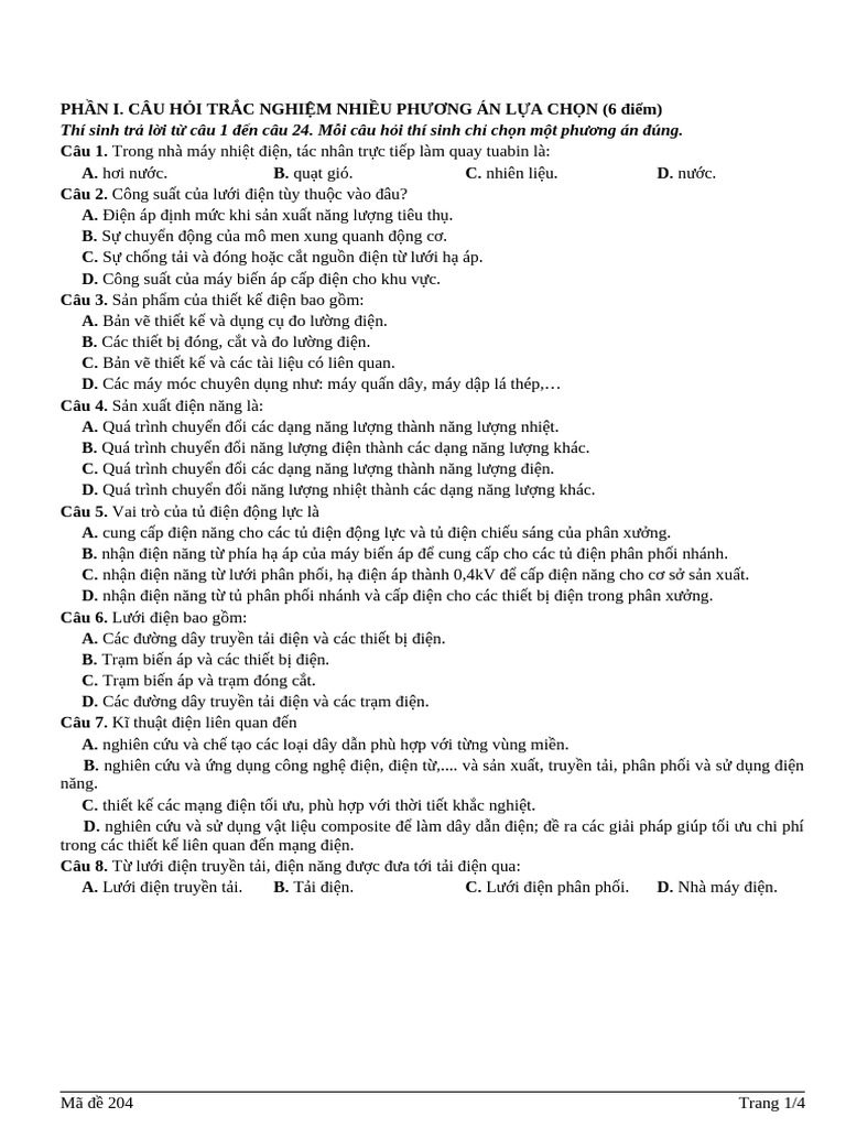 Mã đề 204 KTGKI_CN12 2024 | PDF