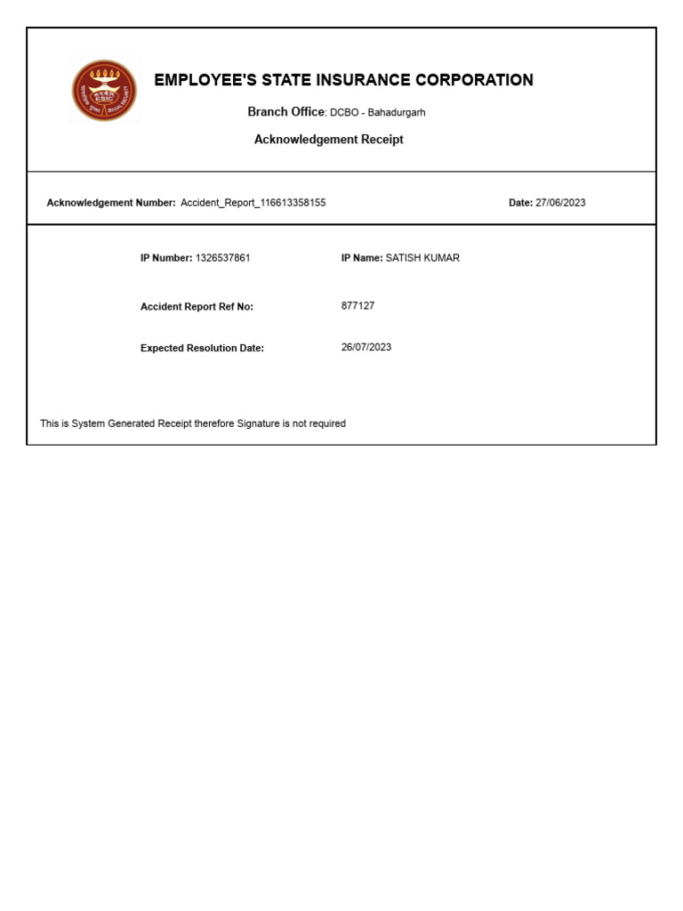 ESIC Accident Report Acknowledgement | PDF