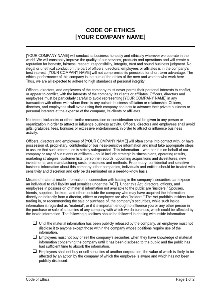 code-of-ethics-D704 | PDF | Insider Trading | Bribery