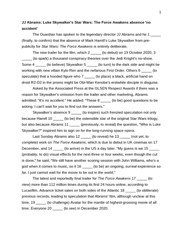 Exercise Grammar Practice - Narrative Tenses | PDF | Luke Skywalker ...