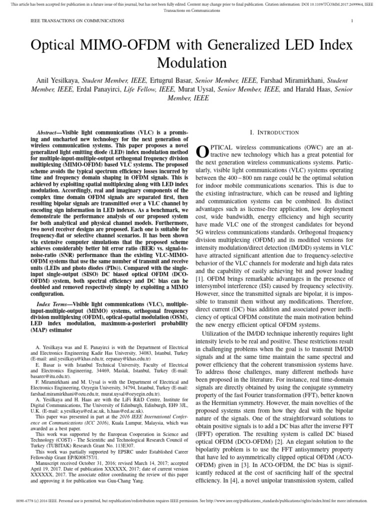 Optical MIMO-OFDM with Generalized LED Index Modulation | PDF | Orthogonal Frequency Division ...
