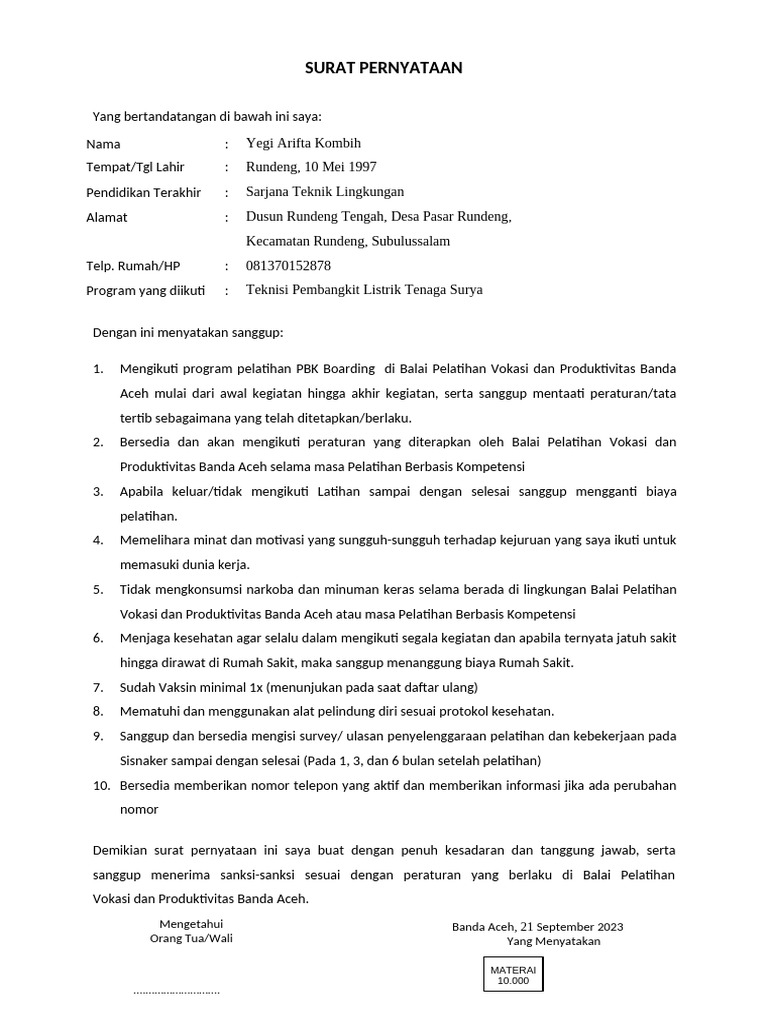 Surat Pernyataan Pelatihan PBK | PDF