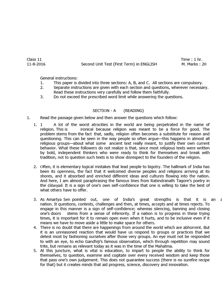 Cbse Class 11 Ut2 English 2017 | PDF