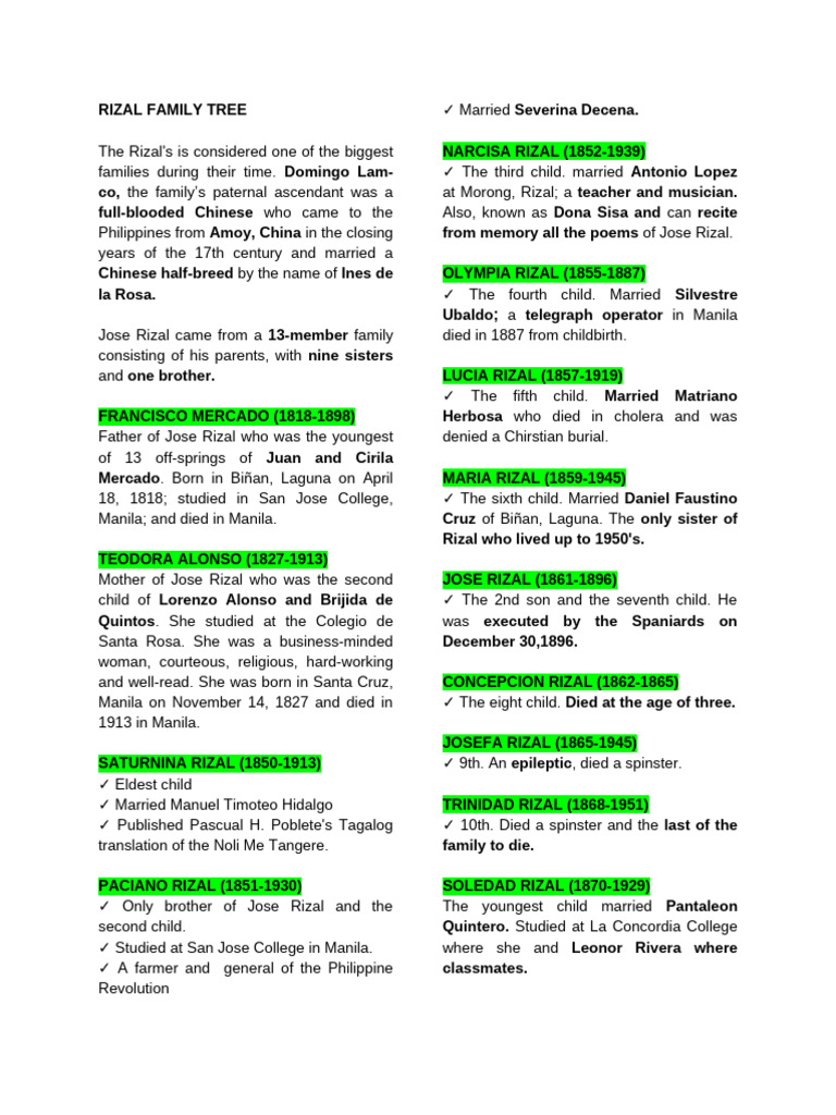 Family Tree of Rizal (Reviewer) | PDF | Spanish East Indies ...