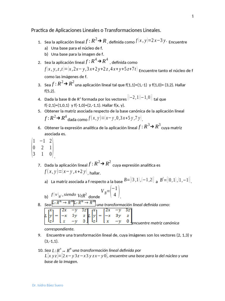 Practica de Aplicaciones Lineales o Transformaciones Lineales | PDF | Mapa lineal | Geometría
