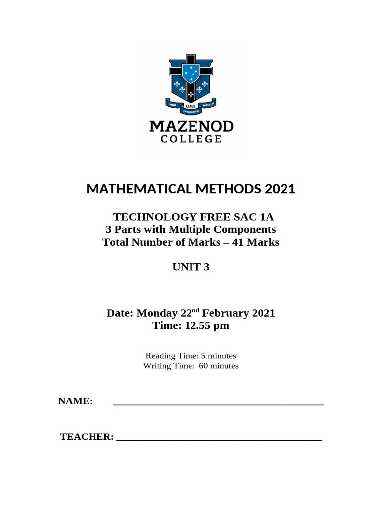 Mathematical Methods SAC 2021 Guide | PDF | Equations | Mathematics