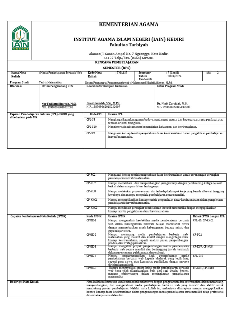 RPS Media Pembelajaran Berbasis WEB (OBE) | PDF