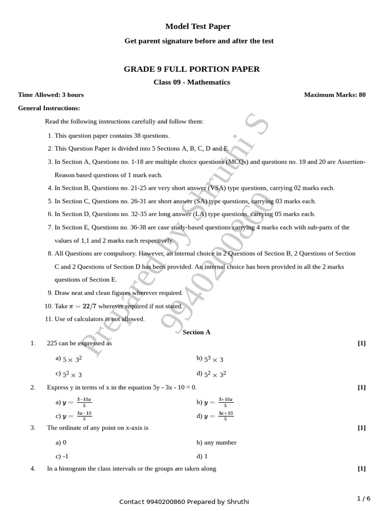 Grade 9 Mathematics Model Test Paper | PDF | Rectangle | Area