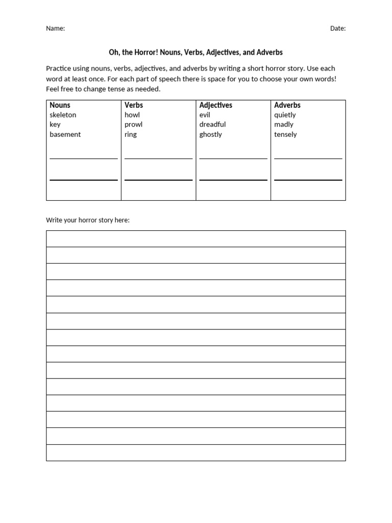 Oh, The Horror! Nouns, Verbs, Adjectives, and Adverbs: Name: Date | PDF