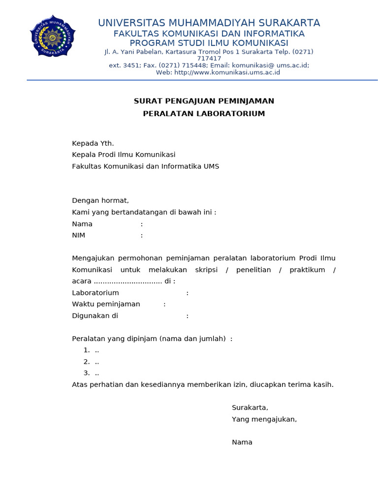 Surat Peminjaman Peralatan Lab UMS | PDF