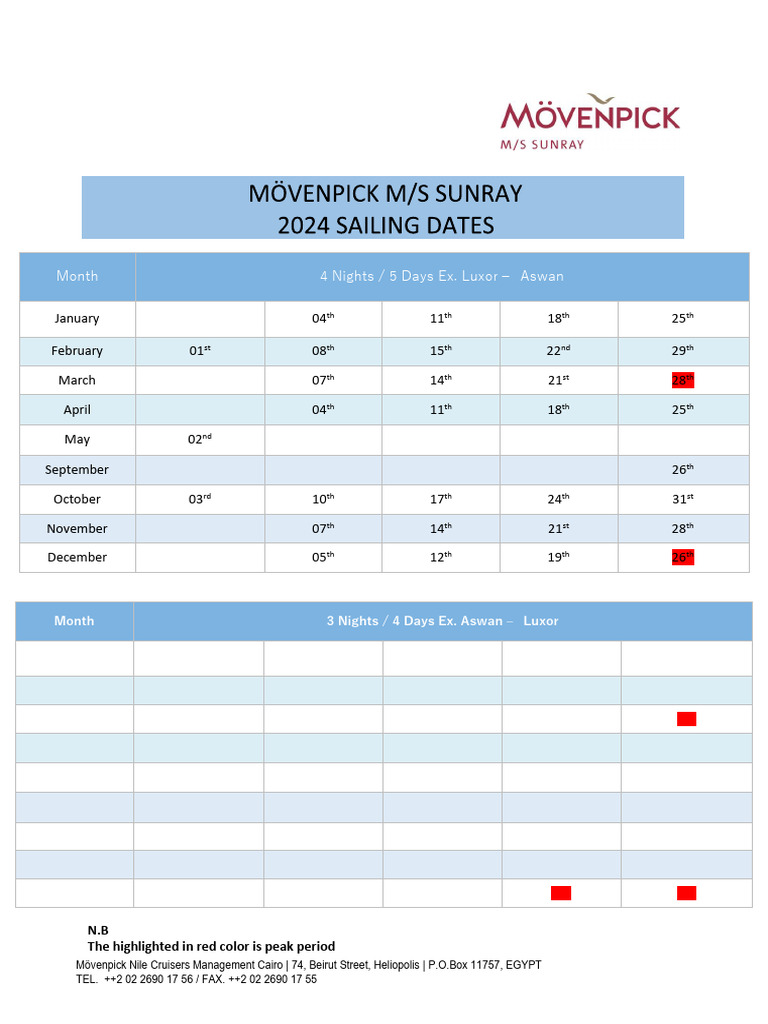 Mövenpick Sunray Sailing Dates 2024 | PDF