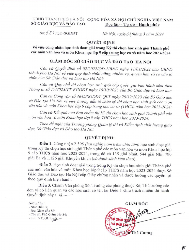 Danh Sach Hoc Sinh Doat Giai Ky Thi Chon Hsg Lop 9 Nam Hoc 2023 2024 73202416 | PDF