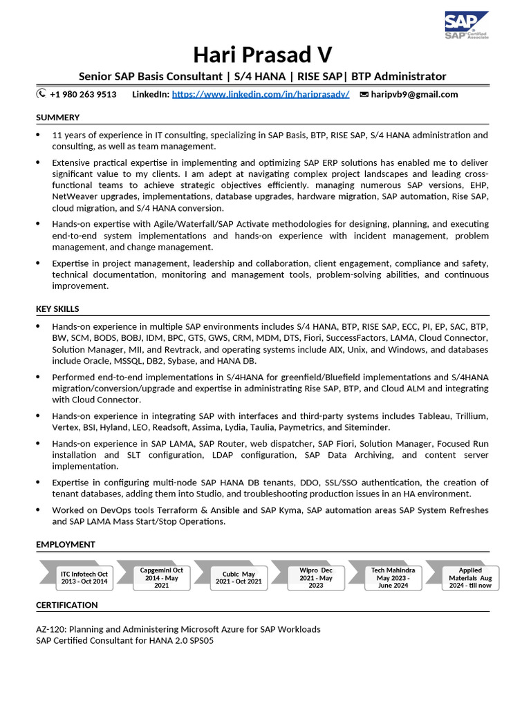 Hariprasad SAP Basis and S4 HANA Resume Updated (2) | PDF | Cloud Computing | Microsoft Azure