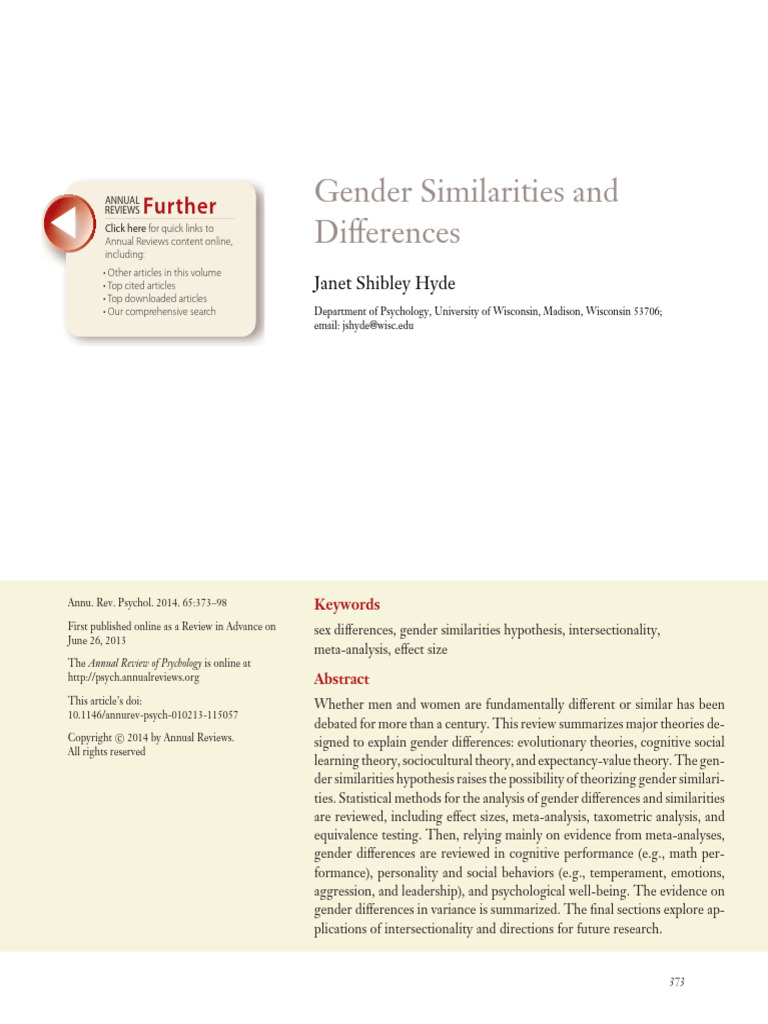 Hyde 2014 Pdf Sex Differences In Humans Gender