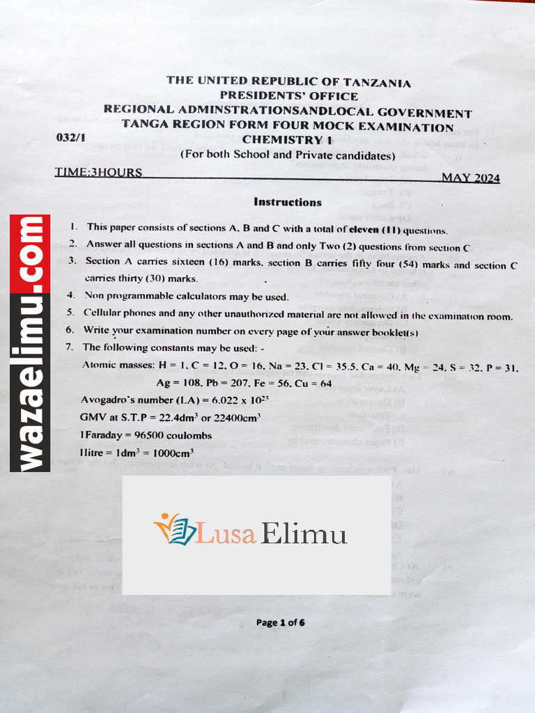 Chem Mock Tanga 2024 | PDF | Materials | Chemical Elements