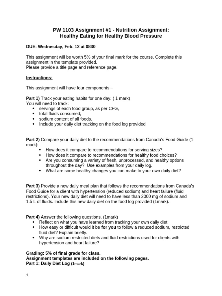 PW 1103 Assignment #1 Nutrition Plan W25 (1) .Docx67aa0713817d336417 | PDF | Healthy Diet | Diet ...