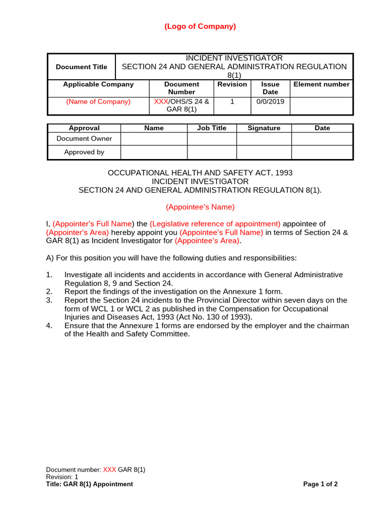 Incident Investigator Appointment GAR 8(1) | PDF | Occupational Safety ...