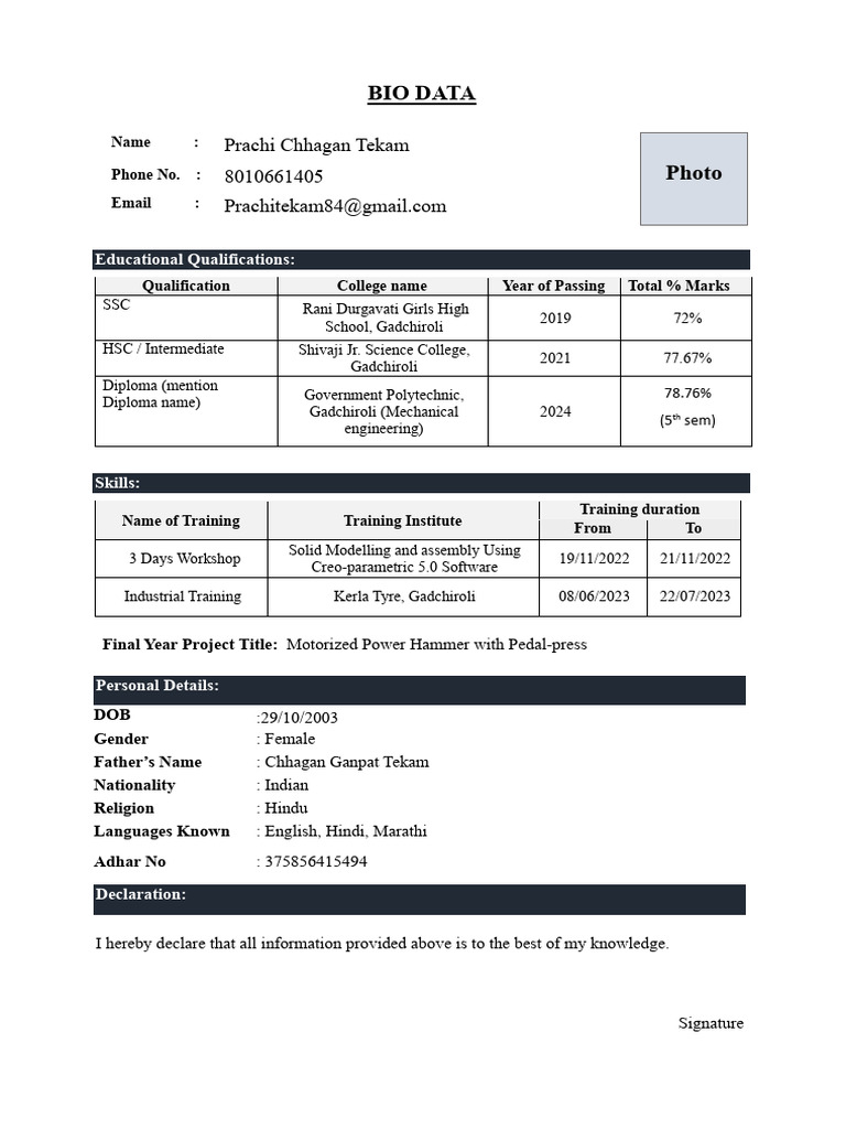 Prachi Bio Data | PDF