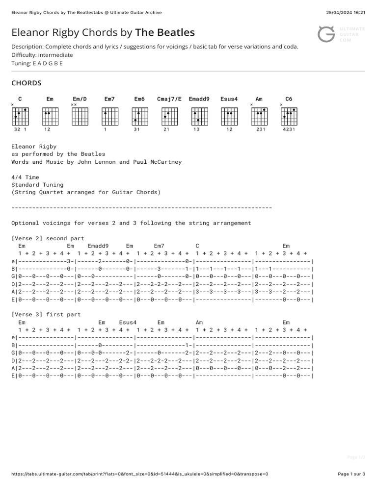 Eleanor Rigby Chords by The Beatlestabs at Ultimate Guitar Archive ...