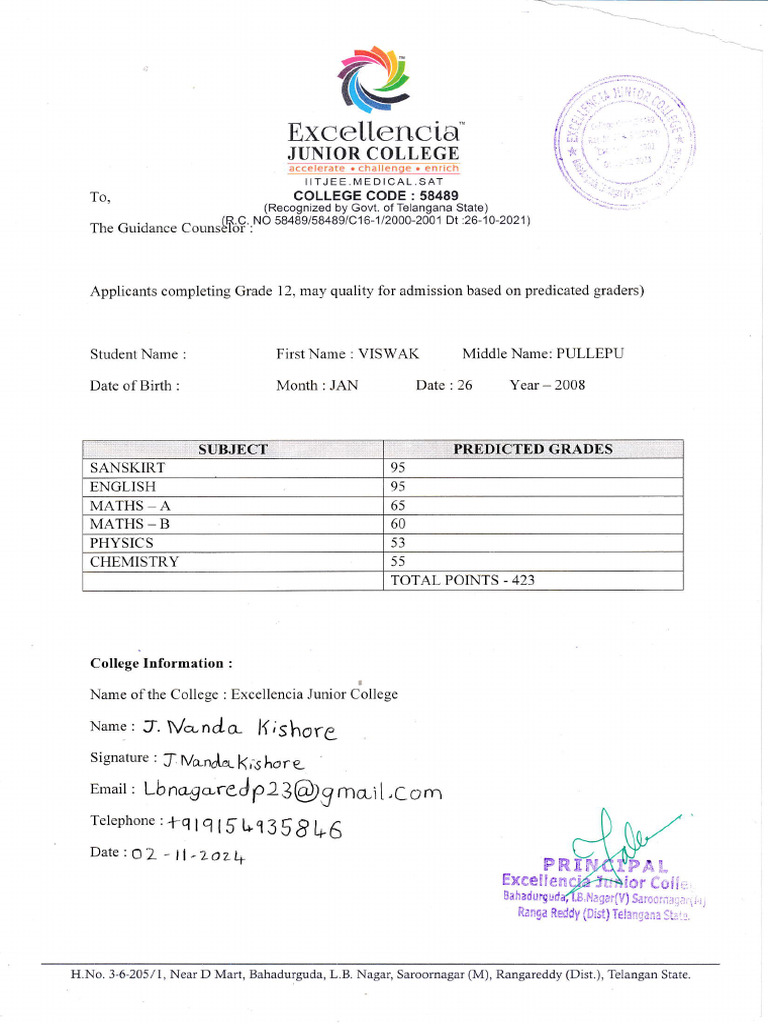 Pullepu Viswak 12th Grade Predicted Mark Sheet | PDF