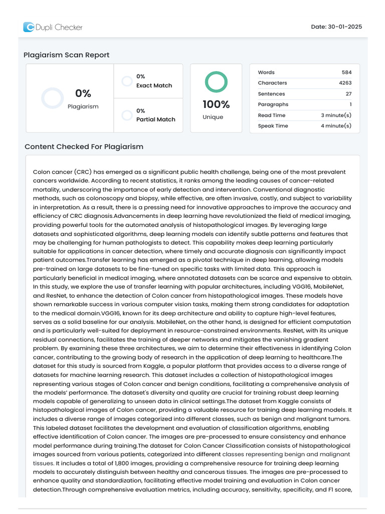 Duplichecker Plagiarism Report | PDF | Deep Learning | Colorectal Cancer