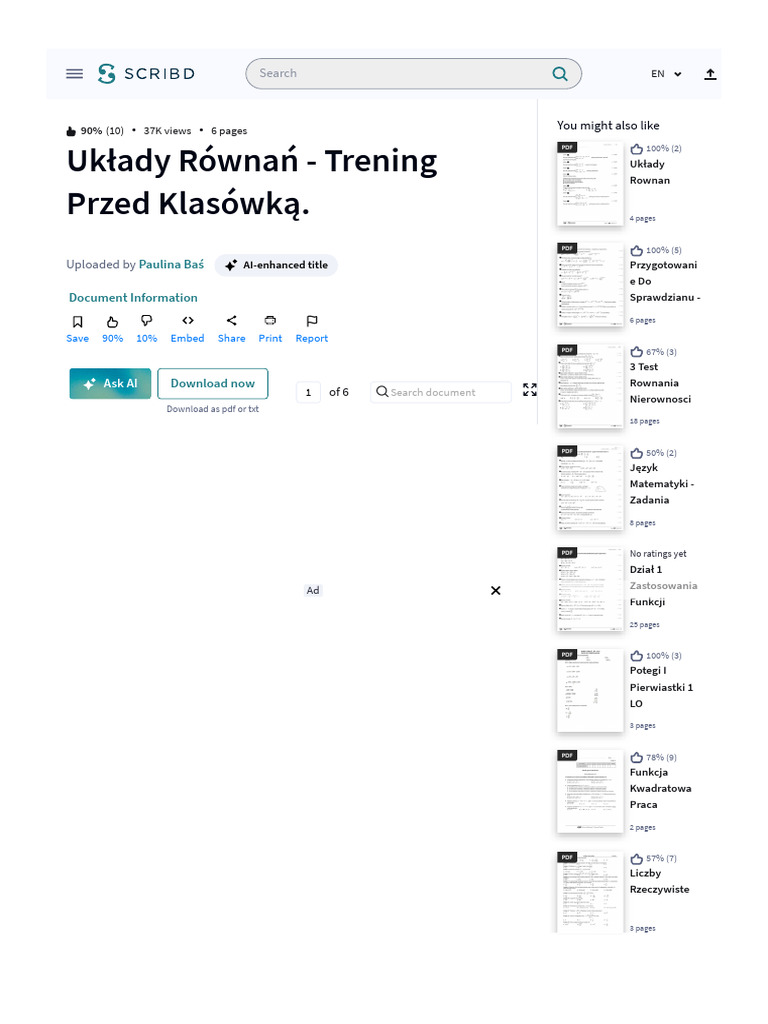 Układy Równań - Trening Przed Klasówką. - PDF | PDF