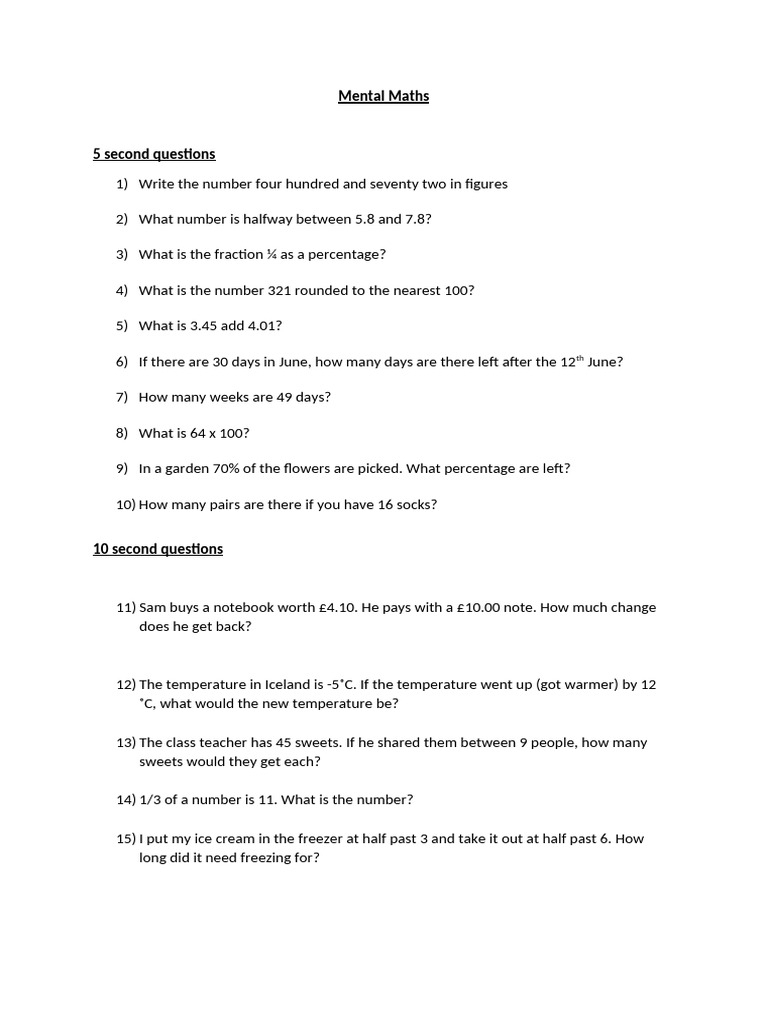 Mental Year Test: Maths Questions | PDF