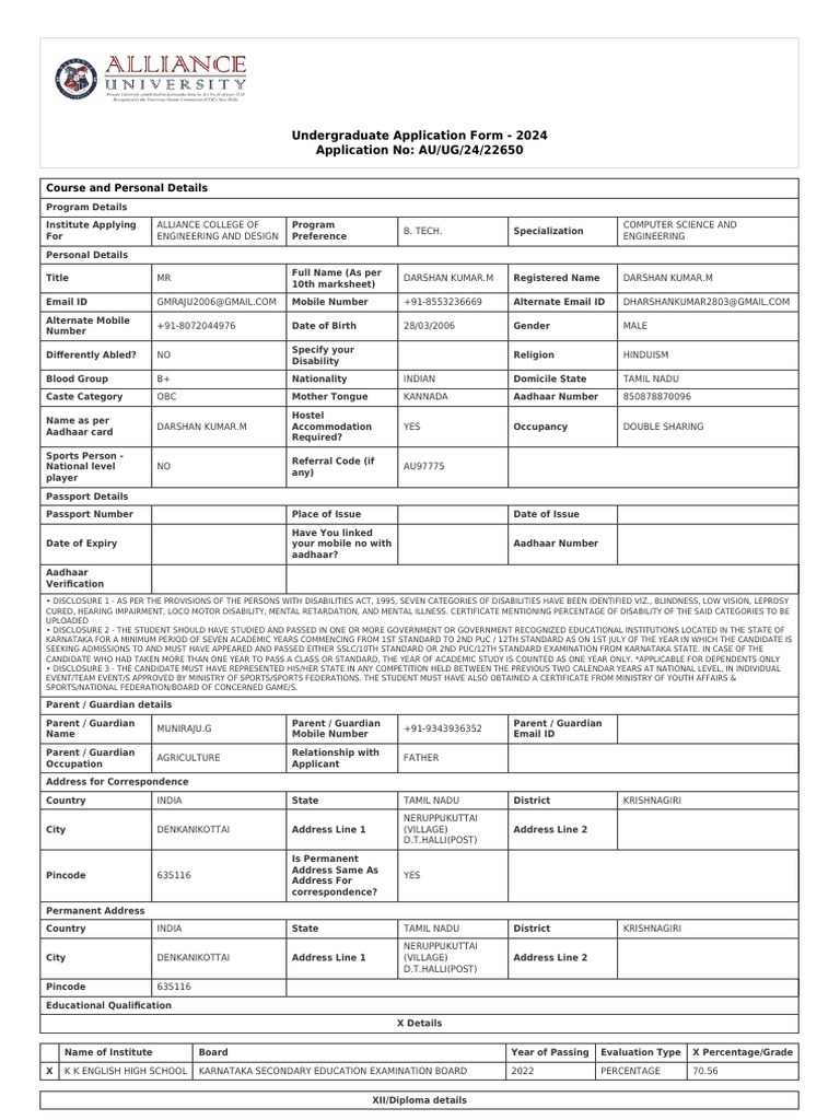 2024 Undergraduate Application Form | PDF