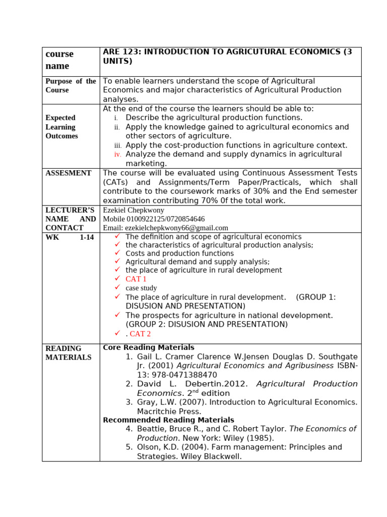 Course Outline Are 123 Introduction To Agric Econ | PDF | Economics ...
