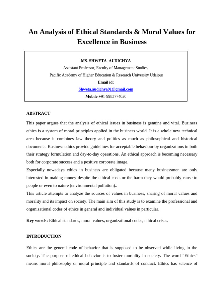 2021 An Analysis of Ethical Standards & Moral Values For Excellence in ...