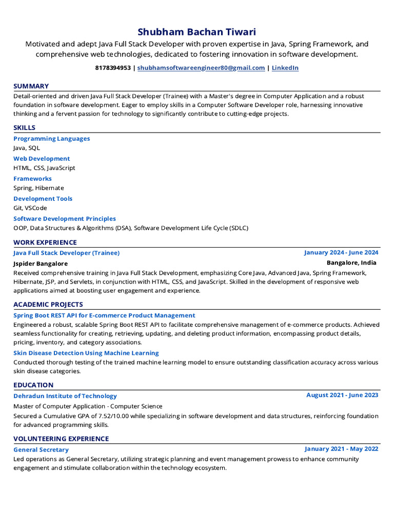 Shubham Resume - 1731297197050 - Shubham Bachan Tiwari | PDF | Java ...